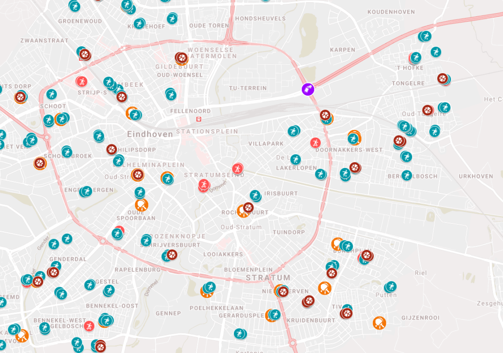 Op deze kaart zie je waar je urban sports, graffiti en tafeltennis kan doen