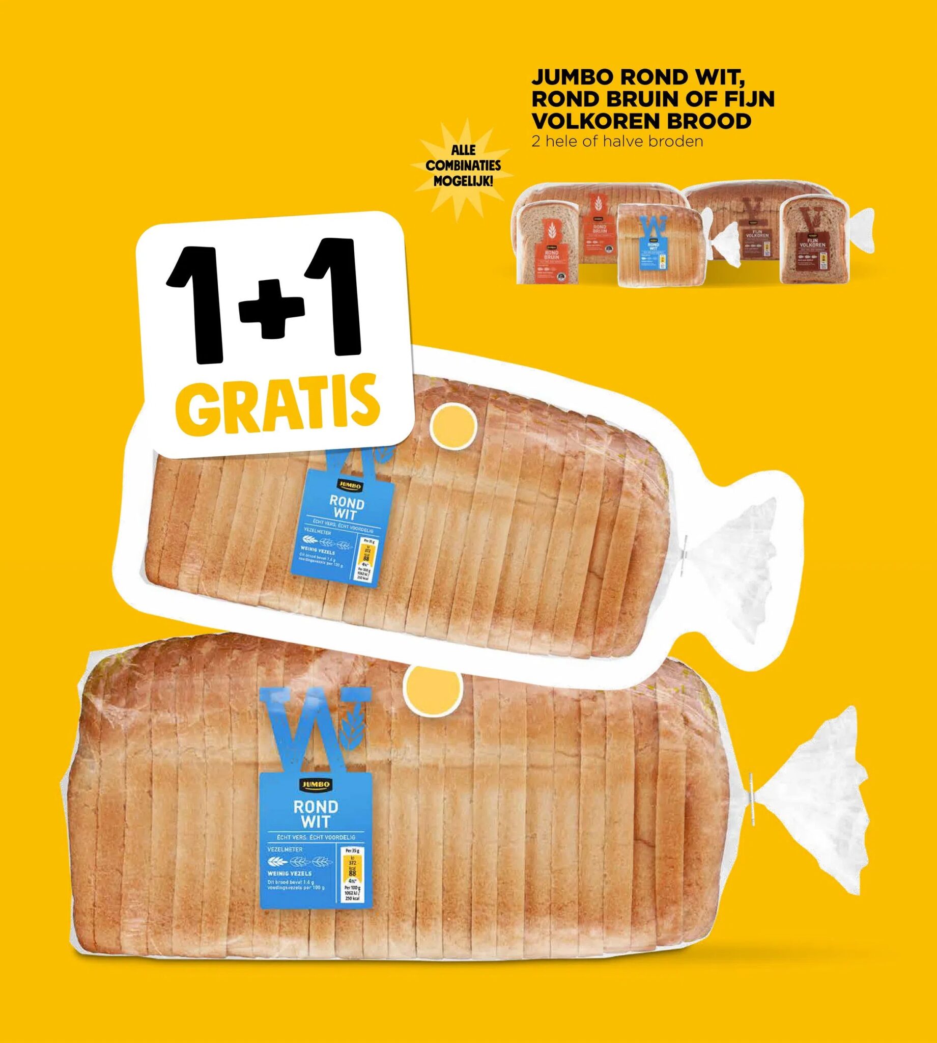 JUMBO ROND WIT, ROND BRUIN OF FIJN VOLKOREN BROOD 1+1 gratis ...