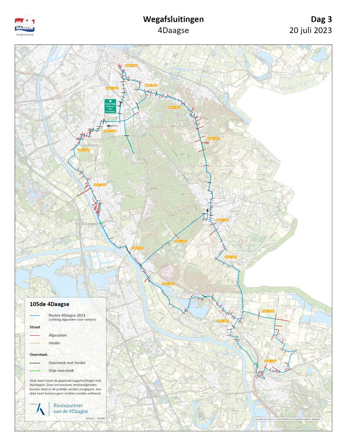 Dit zijn de wegafsluitingen rondom de 4Daagse wandelmarsen 2023