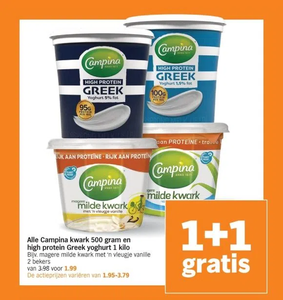Alle Campina kwark 500 gram en high protein Greek yoghurt 1 kilo ...